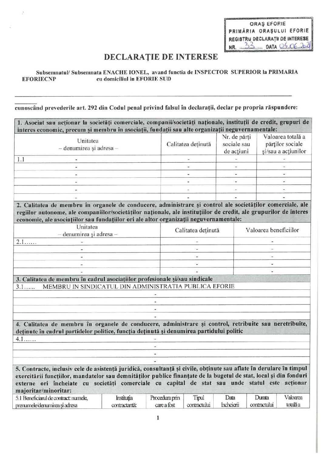 33 declaratie de interese Enache Ionel 2021 | Primaria Eforie