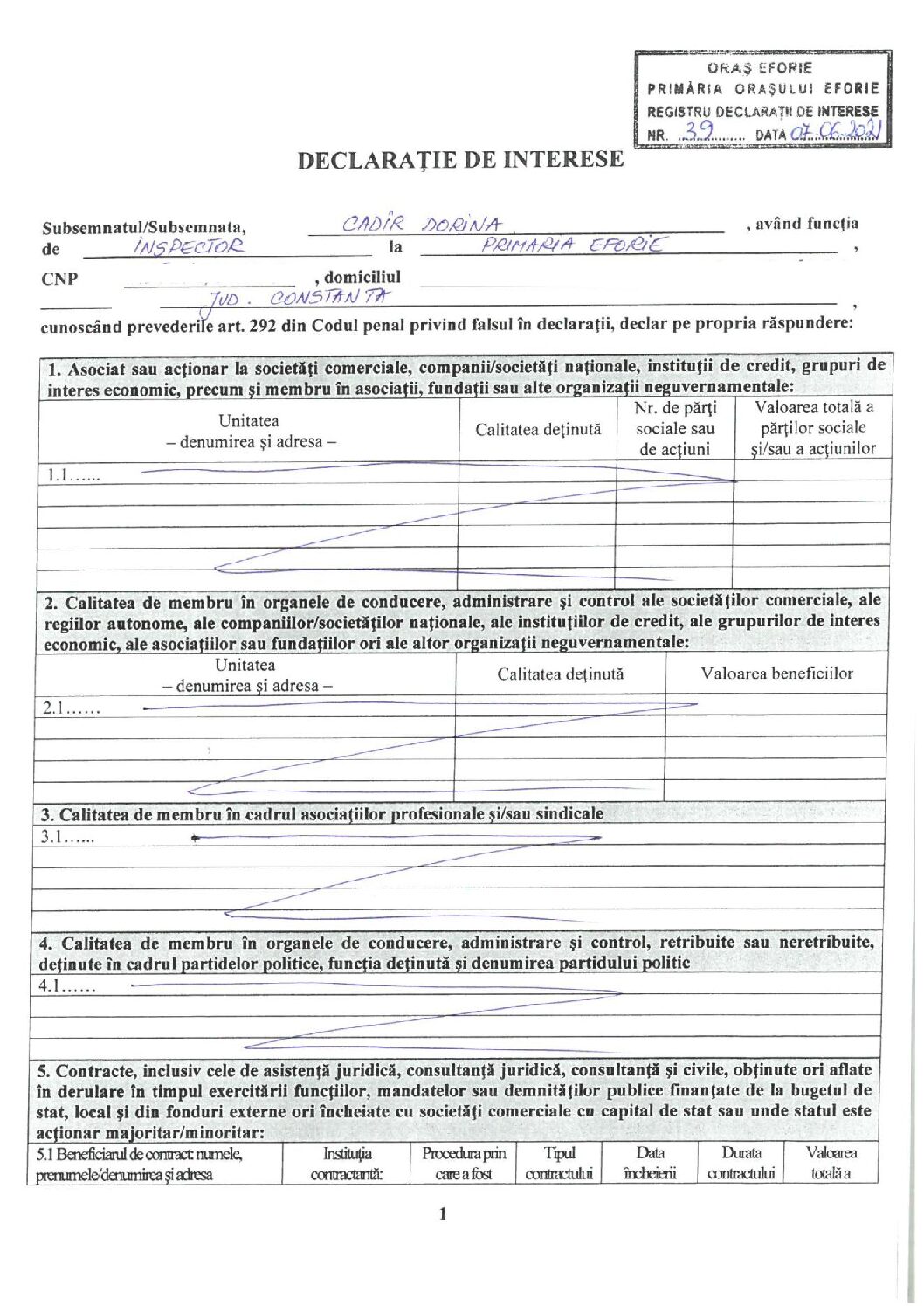 39 declaratie de interese Cadir Dorine 2021 | Primaria Eforie